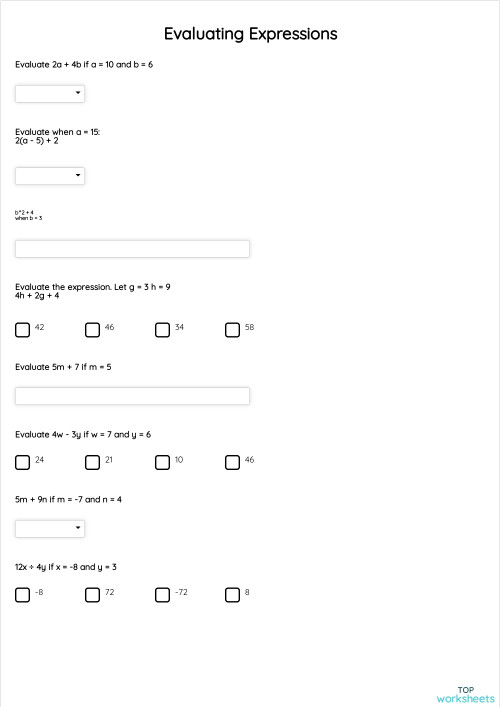 Evaluating Expressions. Interactive worksheet | TopWorksheets