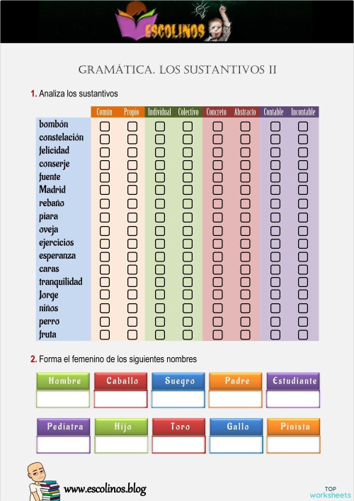 Gramática. Los sustantivos II. Ficha interactiva | TopWorksheets