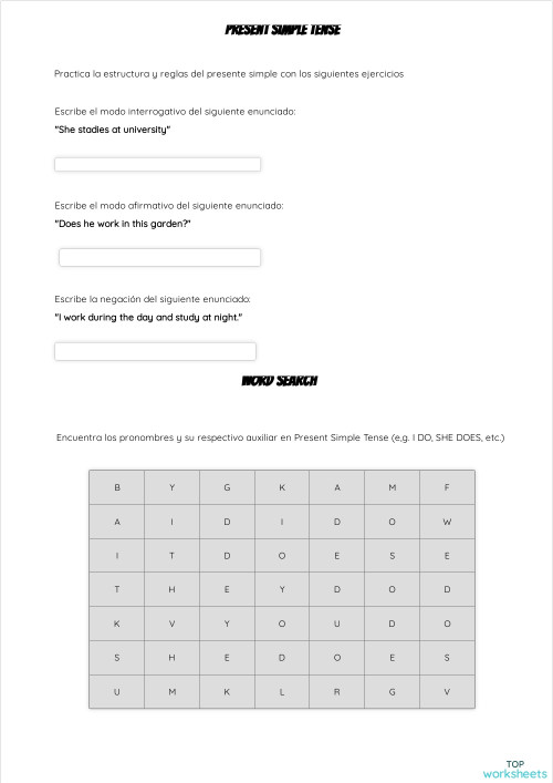Present Simple Tense Worksheet. Ficha interactiva | TopWorksheets
