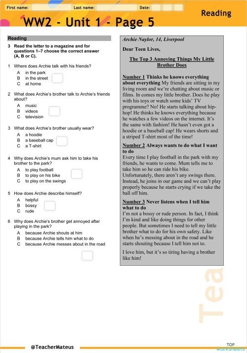 Kids 03 - Exam. Interactive worksheet | TopWorksheets