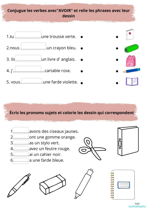le matériel scolaire et le verbe avoir. Fiche interactive | TopWorksheets