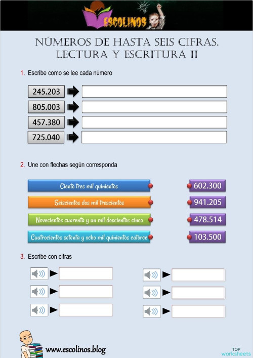 Números de hsta seis cifras. Lectura y escritura II. Ficha interactiva ...