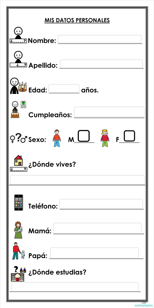 Mis datos personales Masculino. Ficha interactiva | TopWorksheets