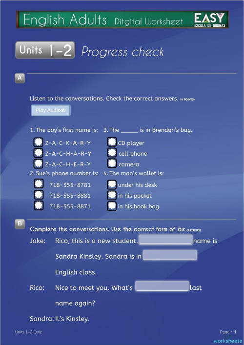 Progress Check lvl0 - Unit 1-2. Interactive worksheet | TopWorksheets