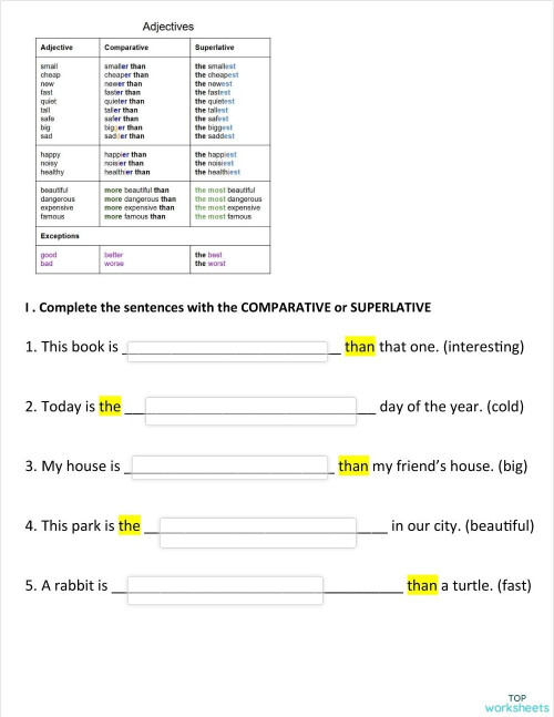 Adjectives - Comparatives and Superlatives - HW. Interactive worksheet ...