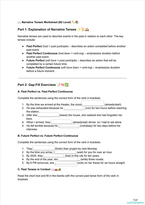Narrative tenses B2/ C1. Interactive worksheet | TopWorksheets