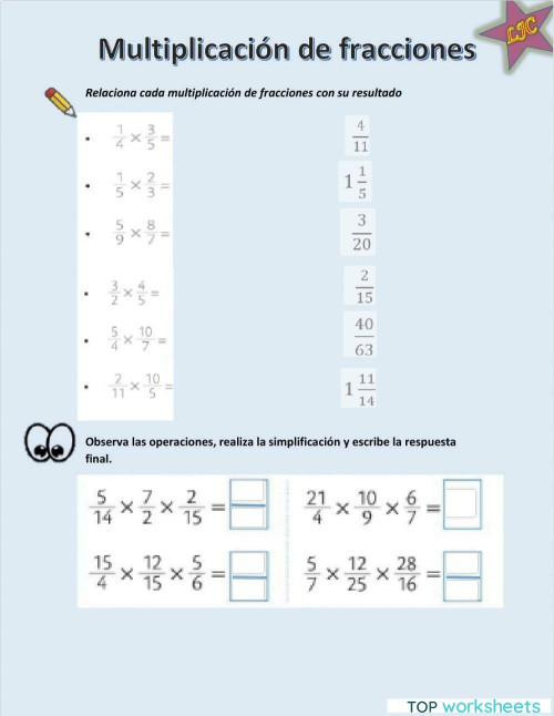 Multiplicaciones de fracciones. Ficha interactiva | TopWorksheets