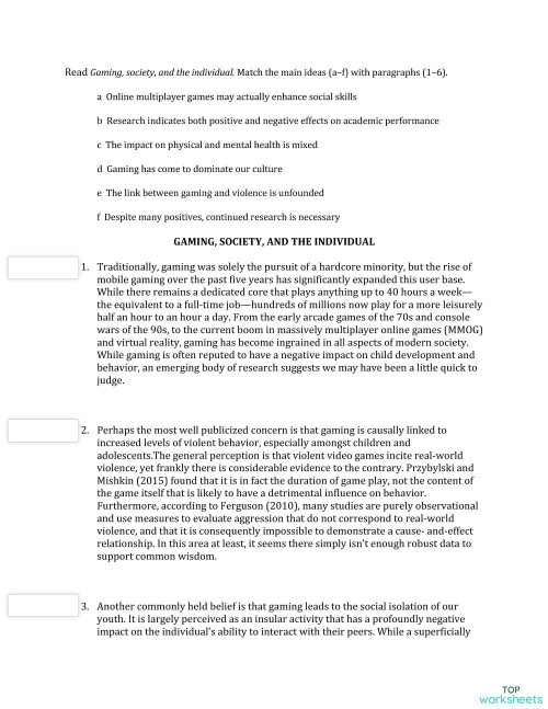 Matching main ideas. Interactive worksheet | TopWorksheets