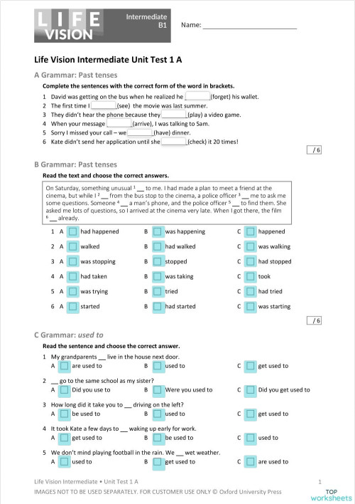 Life Vision int Unit 1 test. Interactive worksheet | TopWorksheets