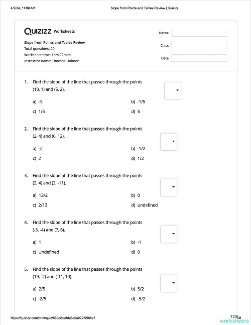 Slope of Tables and Points reivew Check. Interactive worksheet | TopWorksheets