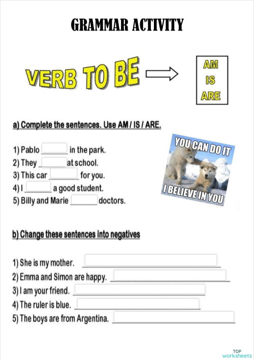 Grammar activity - Verb to be. Ficha interactiva | TopWorksheets