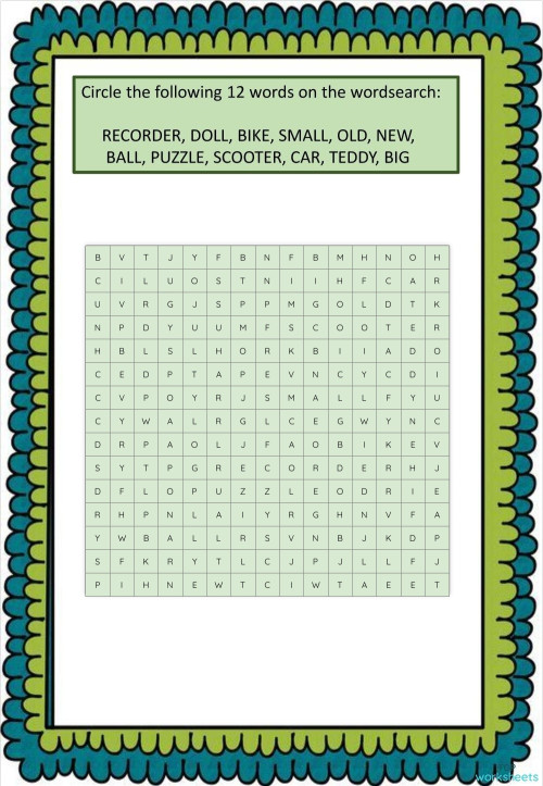 WORDSEARCH OF 12 TOYS, topic 1, FIRST. Interactive worksheet ...