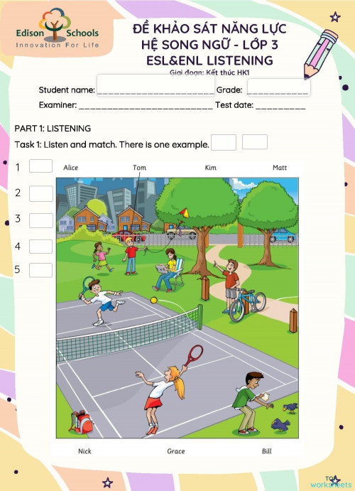 G3_ĐỀ KSNLSN ESL.ENL.LISTEN. Interactive worksheet | TopWorksheets