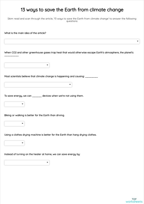 13 ways to save the Earth from climate change. Interactive worksheet ...
