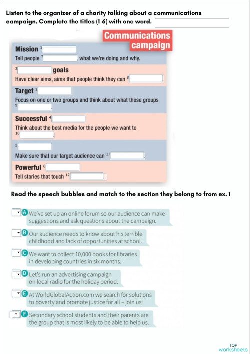 Communications campaign. Interactive worksheet | TopWorksheets