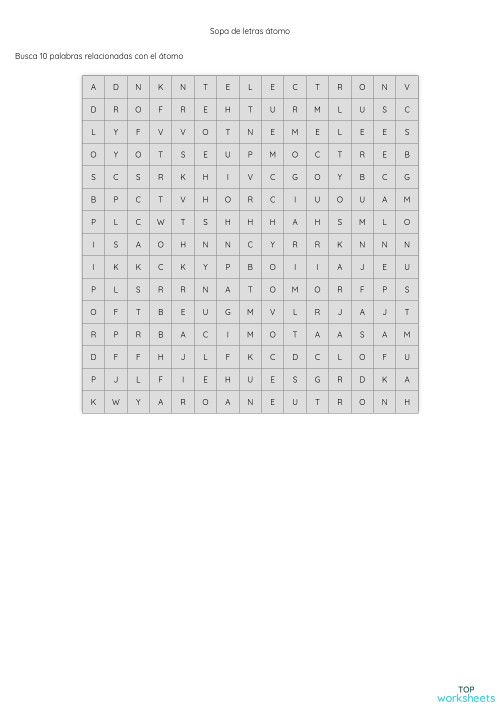 Sopa de letras átomo. Ficha interactiva | TopWorksheets