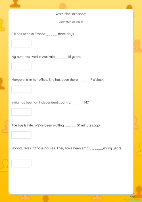 Write "for" or "since". Interactive worksheet | TopWorksheets