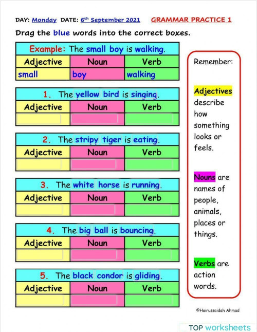 Adjectives Nouns Verbs. Interactive worksheet | TopWorksheets
