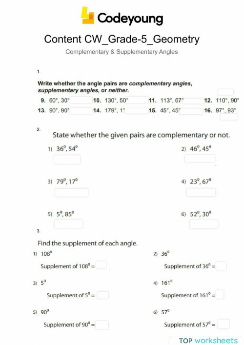 Content-CW-Complementary & Supplementary Angles. Interactive worksheet ...