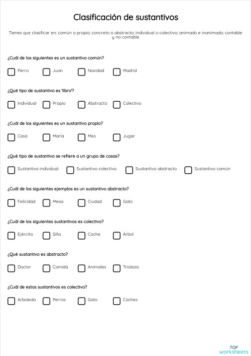 Clasificación de sustantivos. Ficha interactiva | TopWorksheets