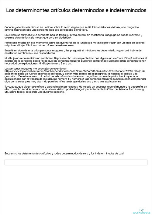 Los determinantes artículos determinados e indeterminados. Ficha ...