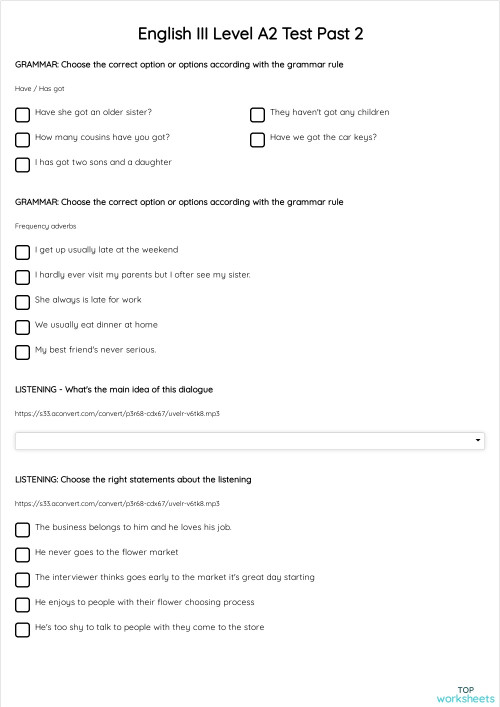 English III Level A2 Test Past 2. Interactive worksheet | TopWorksheets