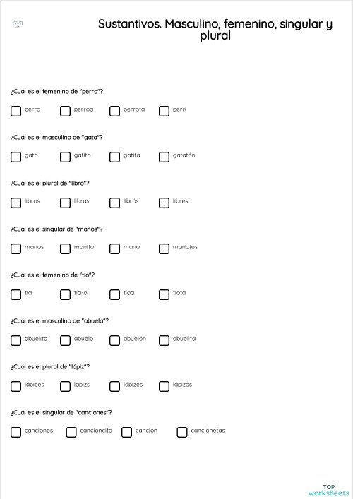 Sustantivos. Masculino, femenino, singular y plural. Ficha interactiva ...