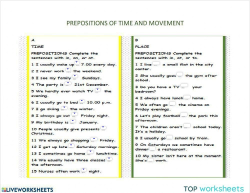 prepositions of time and movement at in on to. Interactive worksheet ...