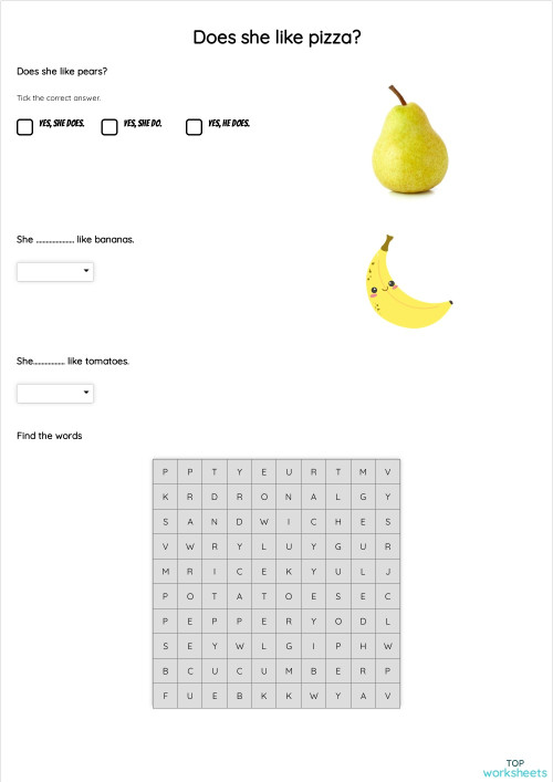 Does she like pizza?. Interactive worksheet | TopWorksheets