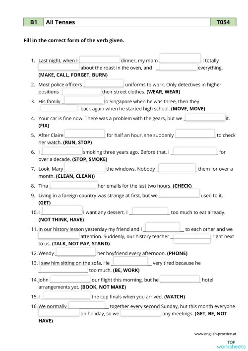 Tense Review Exercises Elementary Tenses Review