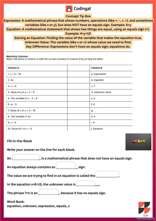 M_G05M12L34_WC01_Expressions_vs._Equations_1. Interactive worksheet | TopWorksheets