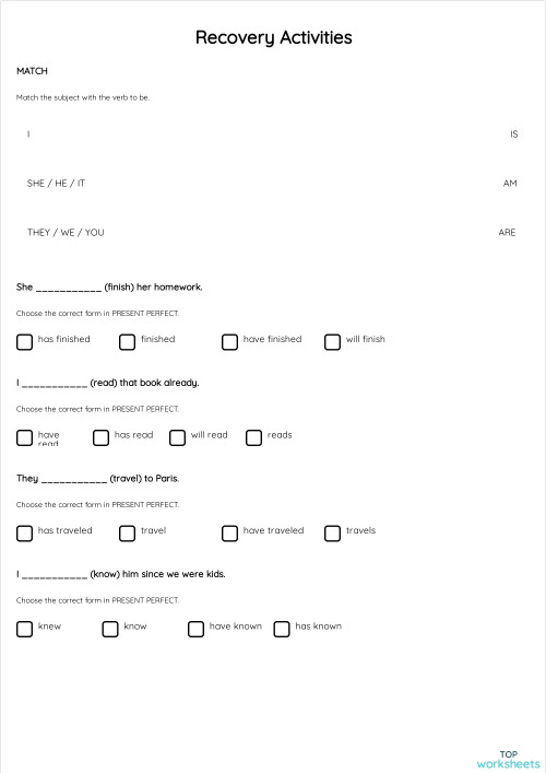 Recovery Activities. Interactive worksheet | TopWorksheets
