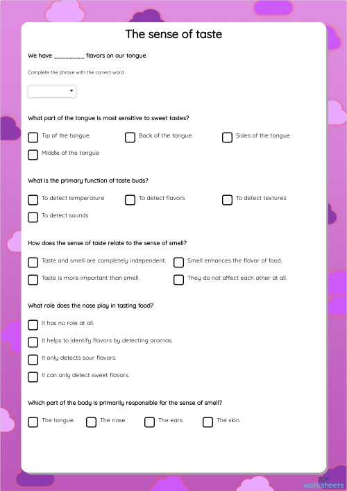 The sense of taste. Interactive worksheet | TopWorksheets