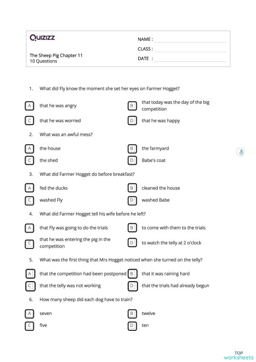 The Sheep Pig Chapter 11. Interactive worksheet | TopWorksheets