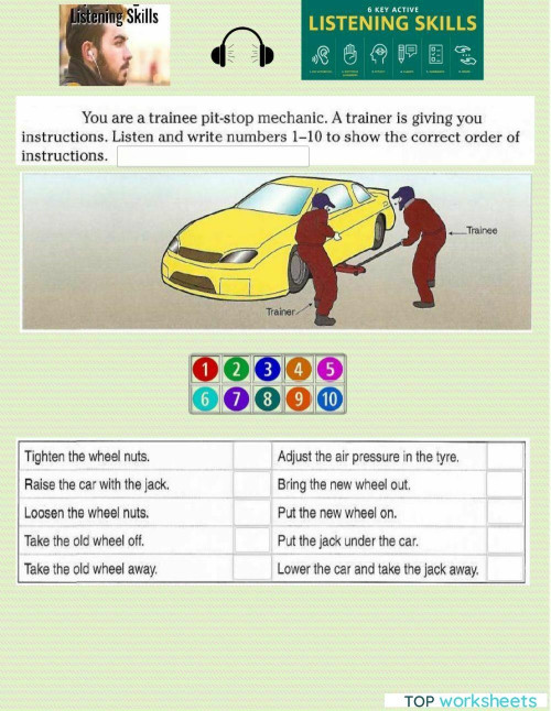 Listening - changing a tyre. Interactive worksheet | TopWorksheets
