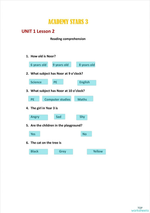 BRIGHT ACADEMY STARS 3 Unit 1 Reading. Interactive worksheet ...
