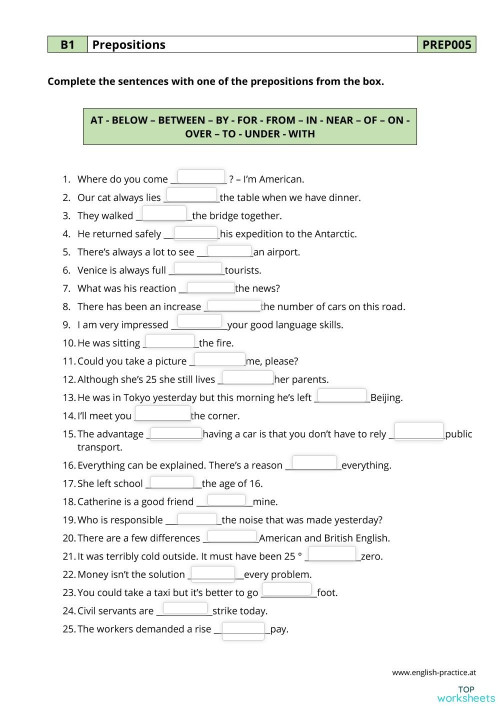 Prepositions 11. Interactive worksheet | TopWorksheets
