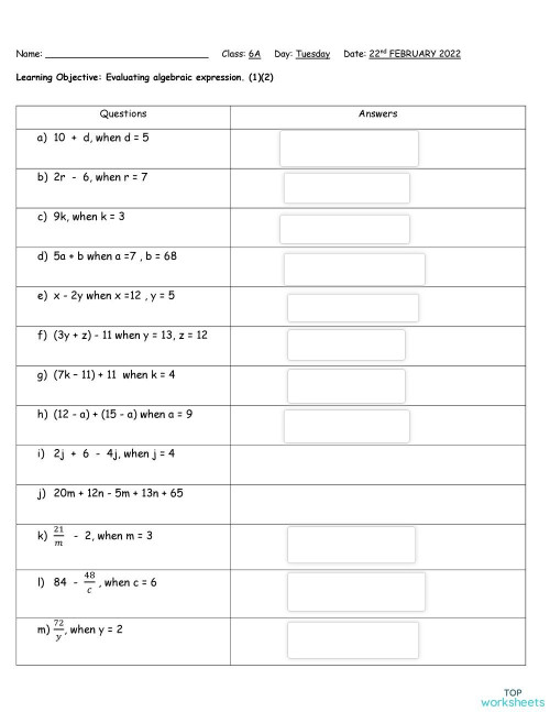 Year 6 - Evaluating algebraic expression. Interactive worksheet ...