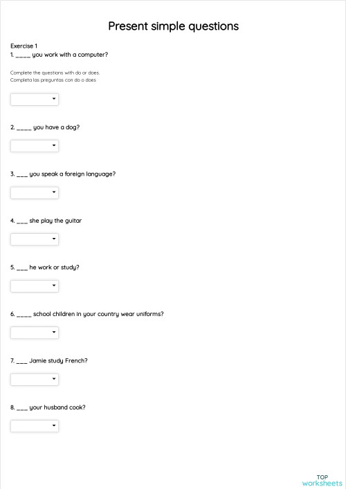 Present simple questions. Interactive worksheet | TopWorksheets
