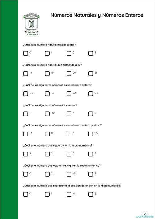Números Naturales y Números Enteros. Ficha interactiva | TopWorksheets