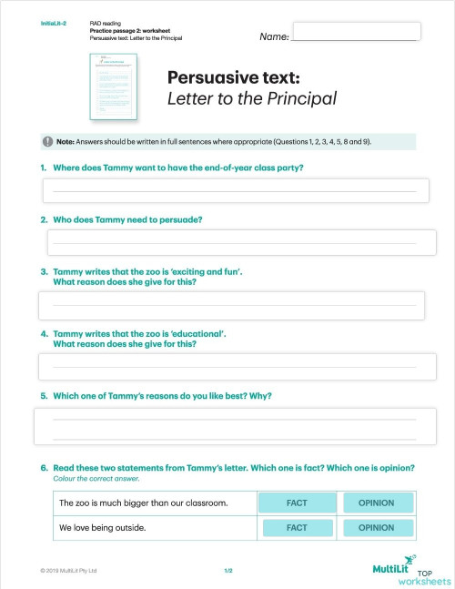 Letter to the Principal. Interactive worksheet | TopWorksheets