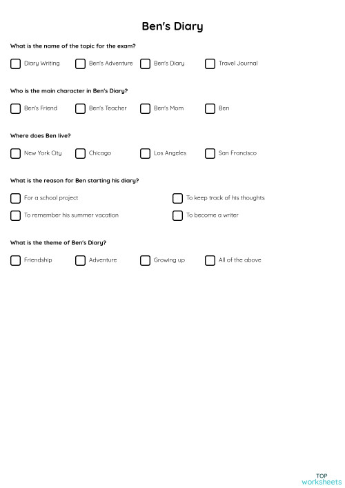 Ben's Diary. Interactive worksheet | TopWorksheets