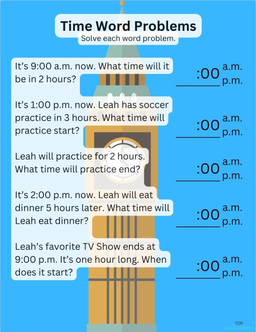 Time Word Problems. Interactive worksheet | TopWorksheets