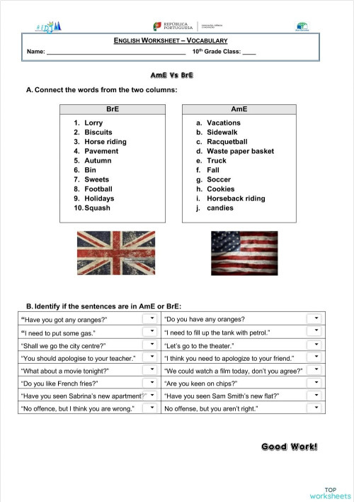 BrE Vs. AmE. Interactive worksheet | TopWorksheets