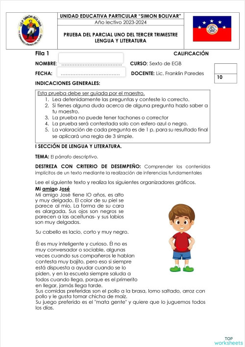 PRUEBA DEL PARCIAL UNO DEL TERCER TRIMESTRE LENGUA Y LITERATURA. Ficha ...