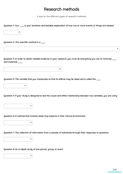 Research methods. Interactive worksheet | TopWorksheets