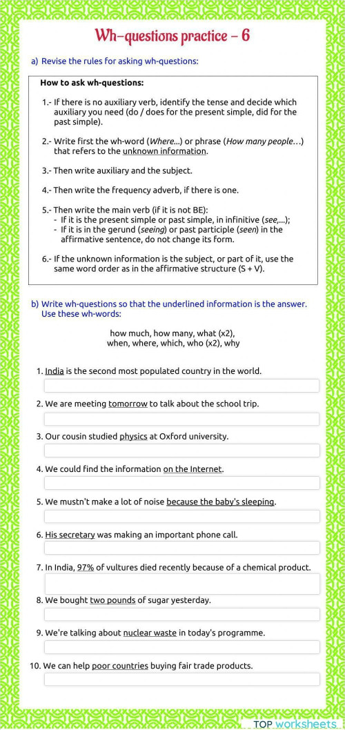 Wh- questions practice 6. Interactive worksheet | TopWorksheets