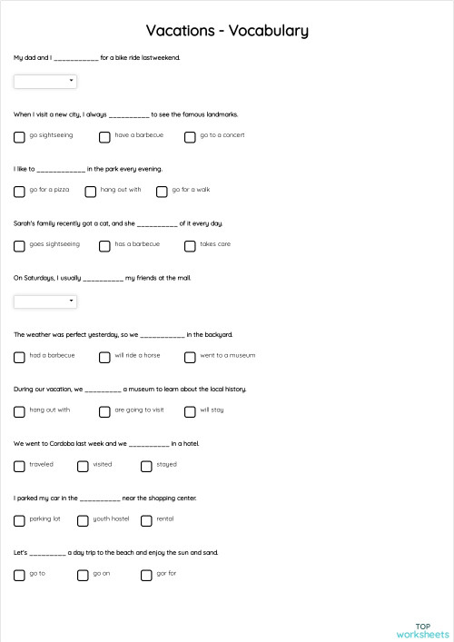 Vacations - Vocabulary. Interactive worksheet | TopWorksheets