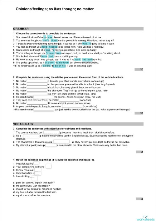 Opinions/emotions; as if; no matter. Interactive worksheet | TopWorksheets