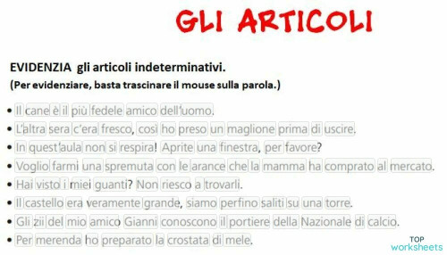 Esercizi sugli articoli 2. Scheda interattiva | TopWorksheets